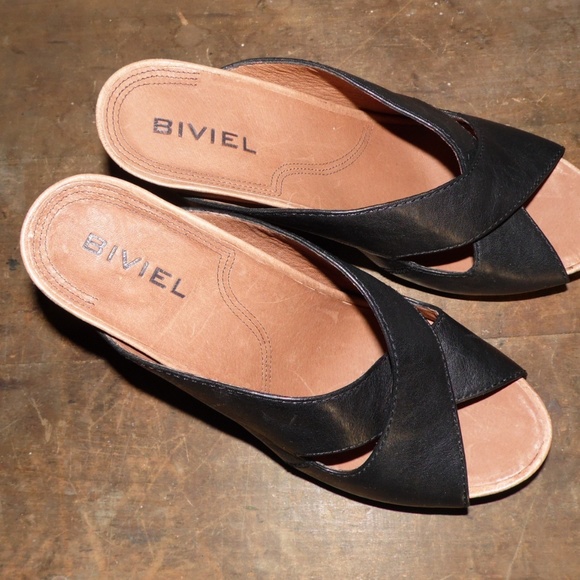 Biviel | Shoes | Biviel 4 Inch Black Leather Open Toe Wedge Sandals ...